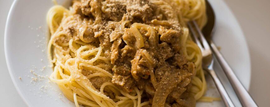 Vegan pasta recipe with seitan, onion and white wine sauce - BERTYN